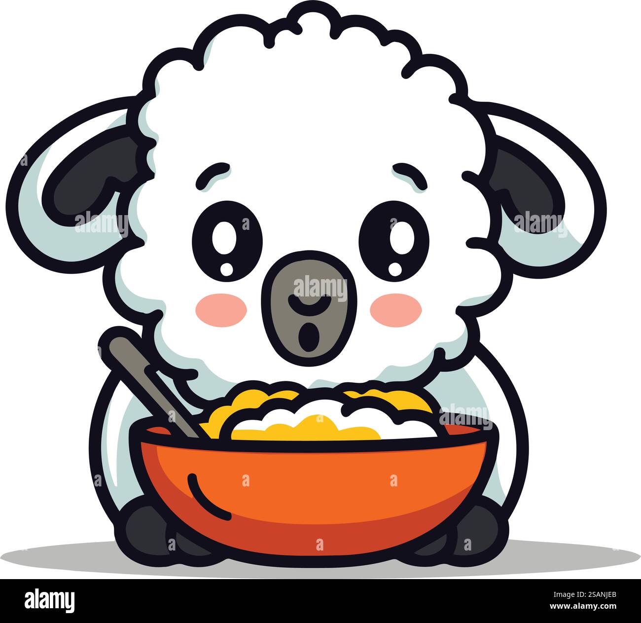 Cute Cartoon Sheep Eating Rice Bowl Vector Character Illustration ...