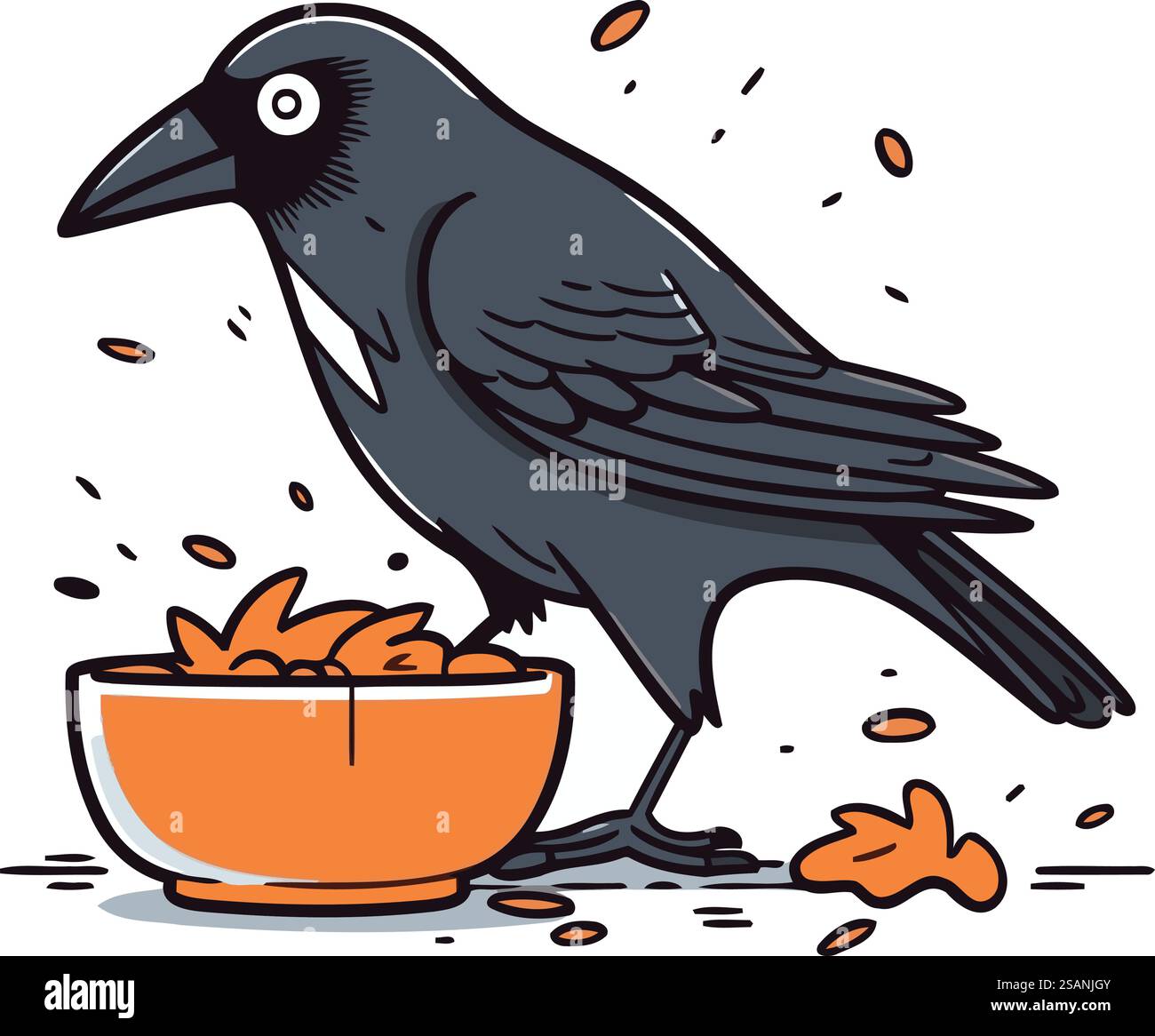 Crow and bowl of food. Vector illustration in doodle style Stock Vector ...