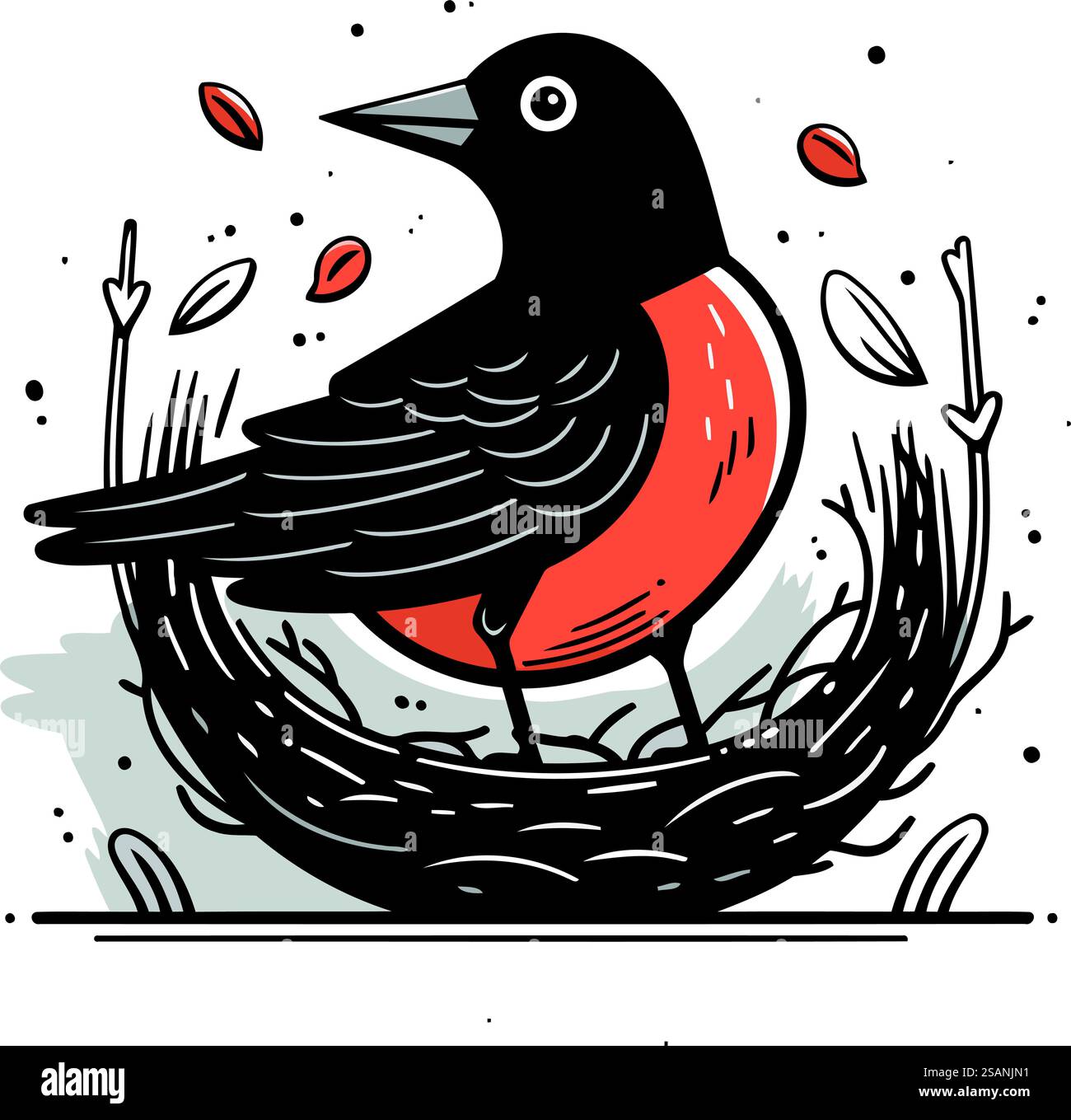 Hand drawn vector illustration of a robin sitting in a nest Stock ...