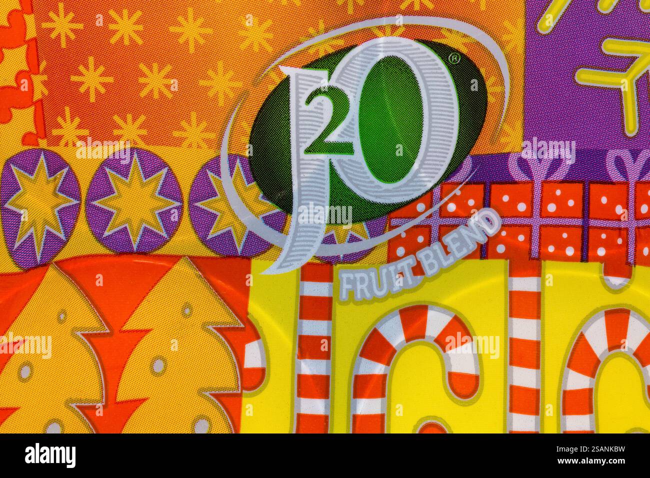 J2O logo on pack of festive J2O Passion Fruit Fruit Blend soft drink ...