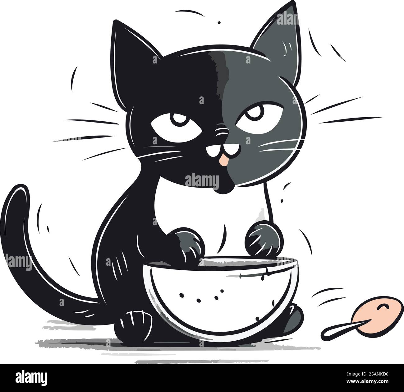 Black cat eating watermelon. Cute cartoon character. Vector ...