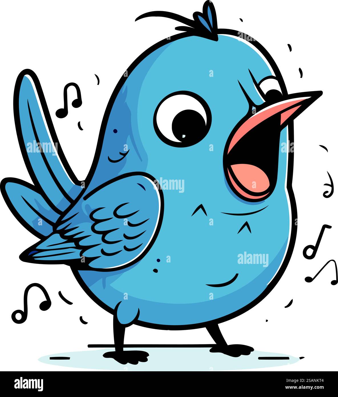 Vector illustration of a cute blue bird singing on a white background ...