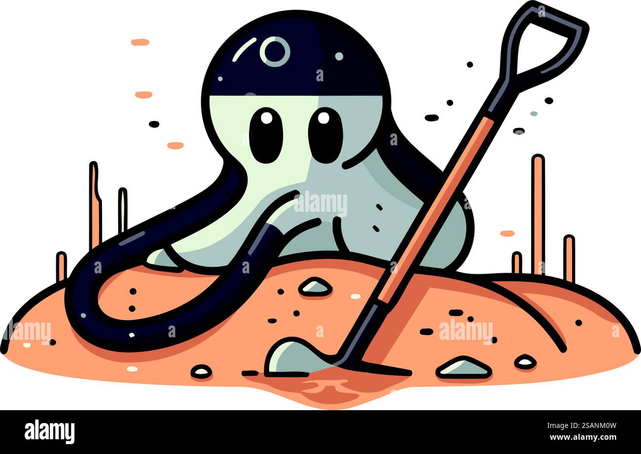 Cute alien with a shovel on the beach. Vector illustration Stock Vector ...