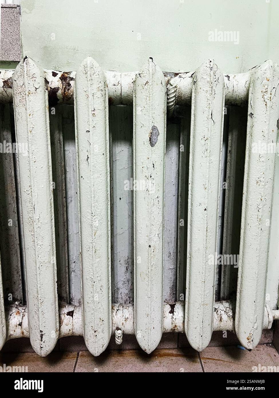 A vintage radiator with worn and peeling paint, set against a green ...