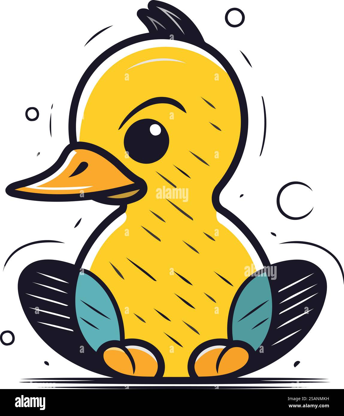 Vector illustration of cute yellow duck on white background. Line art ...
