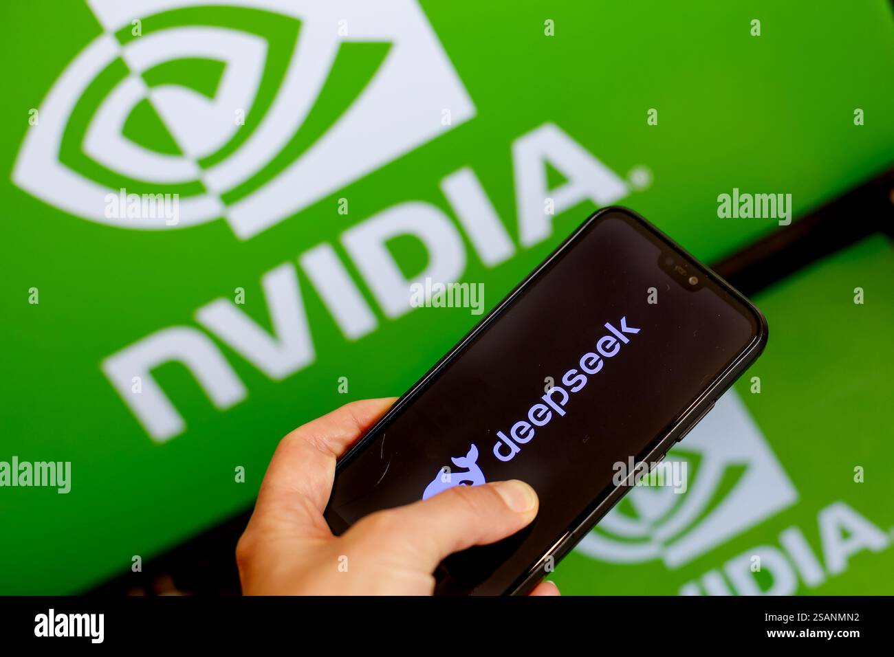 In this photo illustration the Nvidia logo is shown on two computer ...