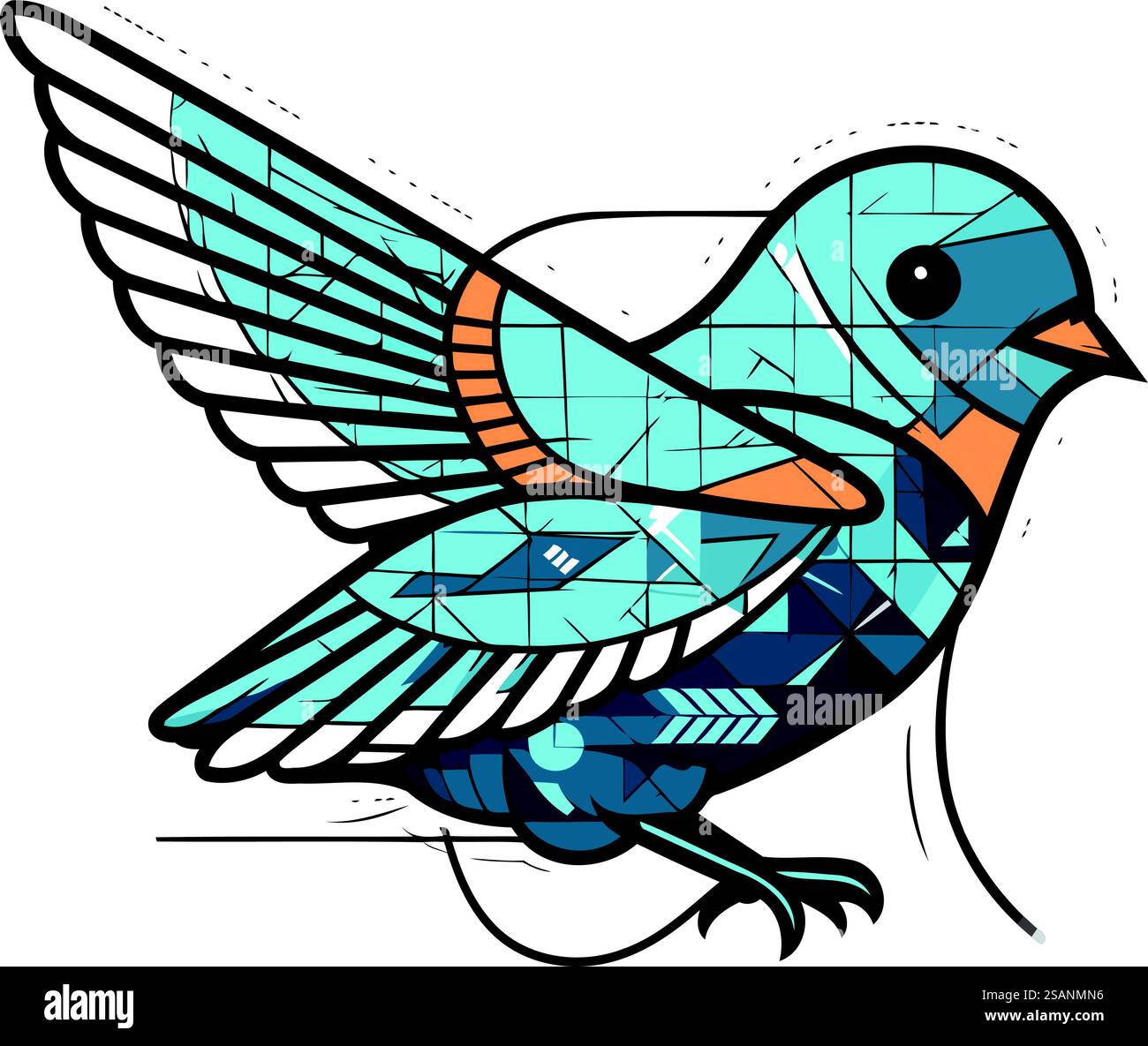 Vector illustration of a blue bird with wings and dots on a white ...