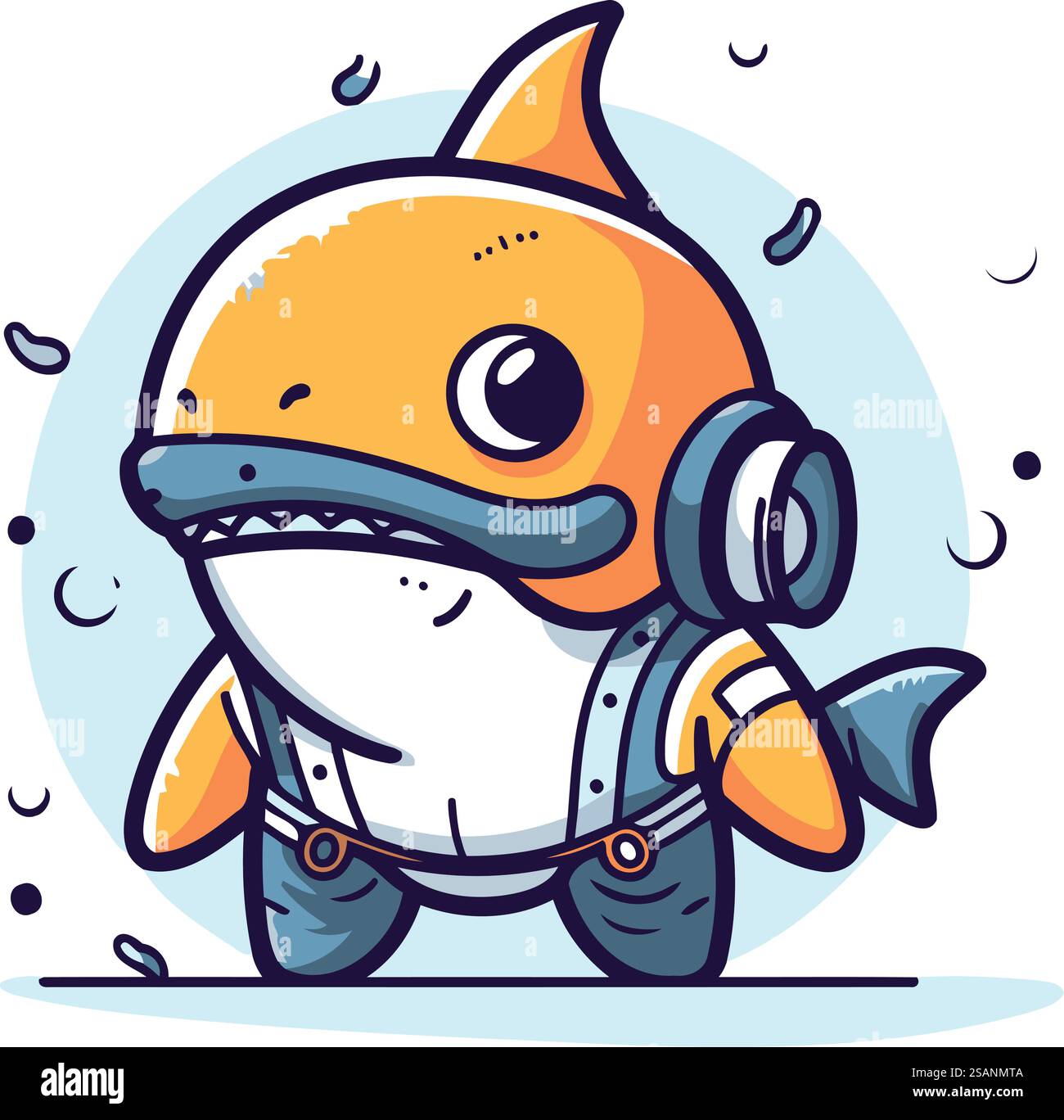 Cute cartoon shark listening to music with headphones. Vector ...