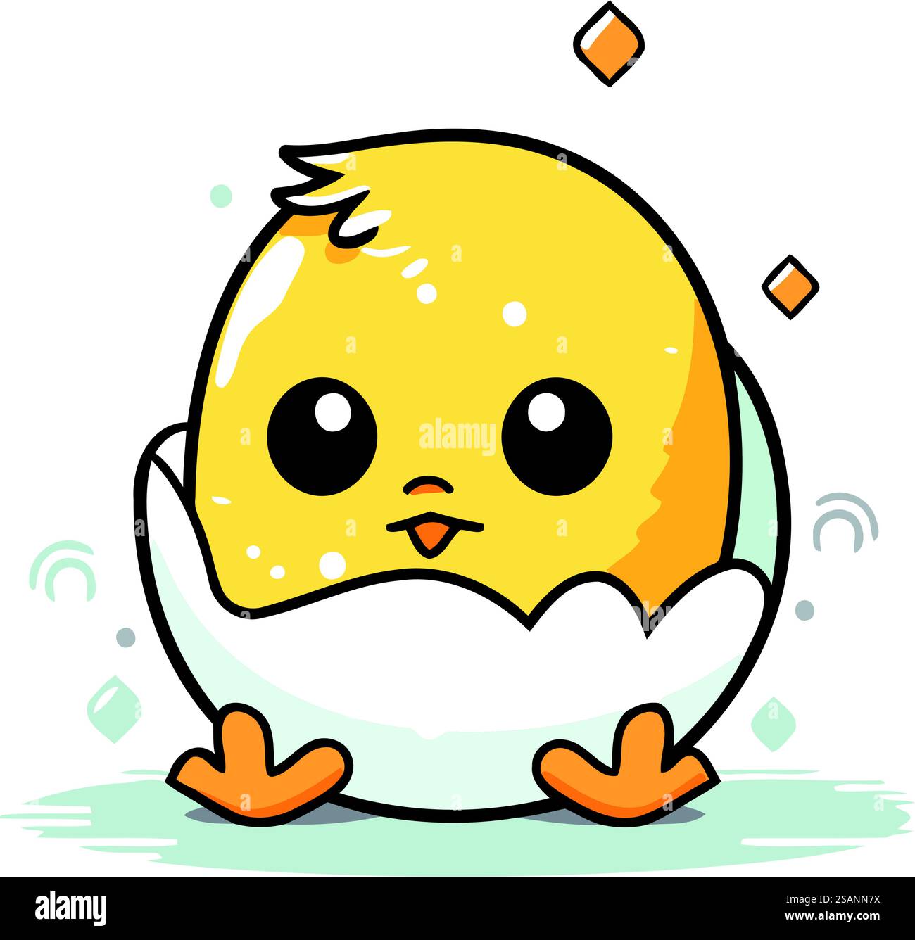 Cute little yellow chicken in eggshell. Vector cartoon character ...