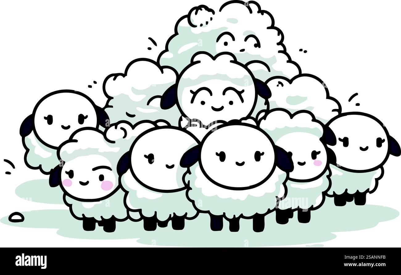Flock of sheep. Cute cartoon vector illustration isolated on white ...