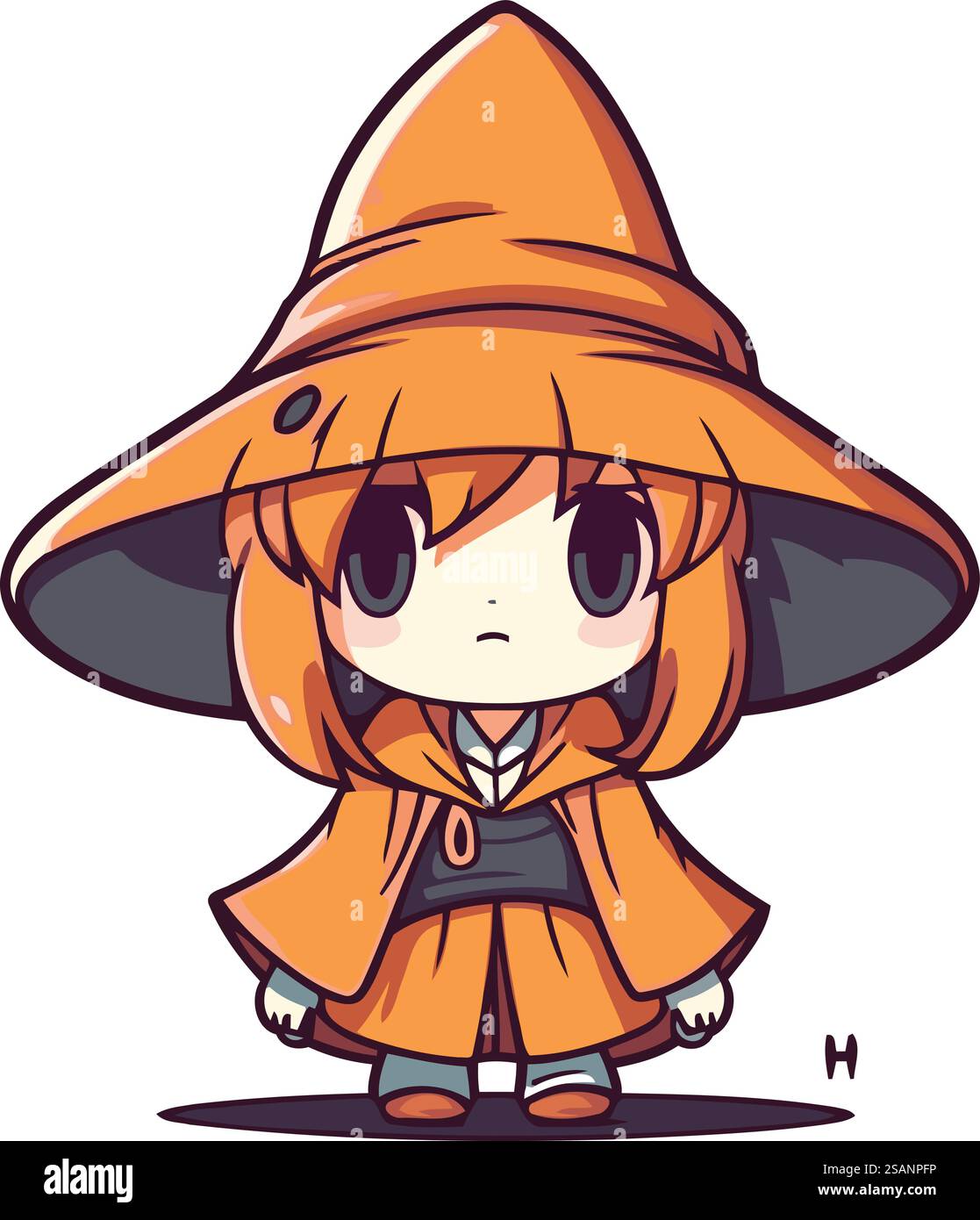 Cute cartoon witch in orange cloak and hat. Vector illustration Stock ...