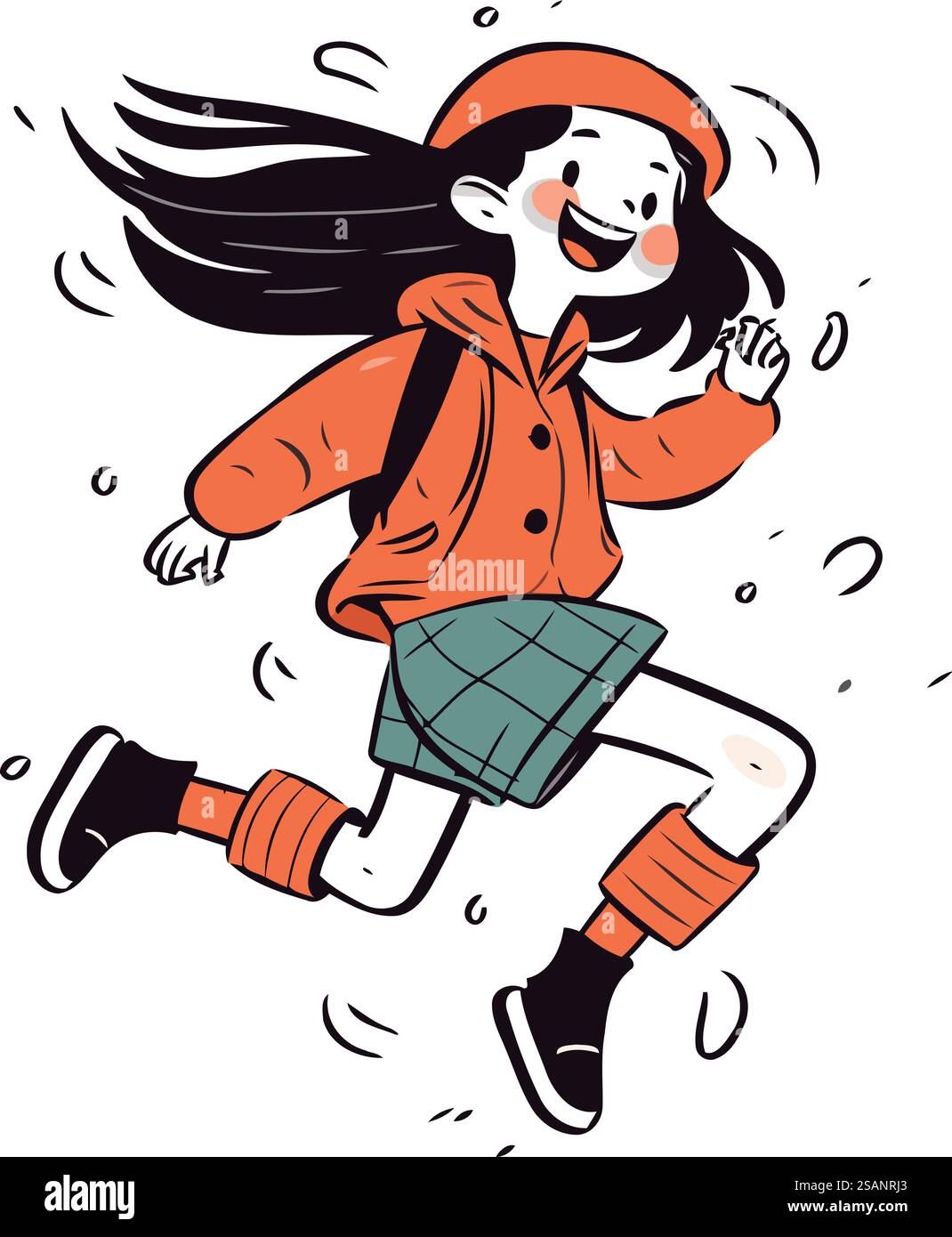 Vector illustration of a girl in a red coat jumping and running Stock ...
