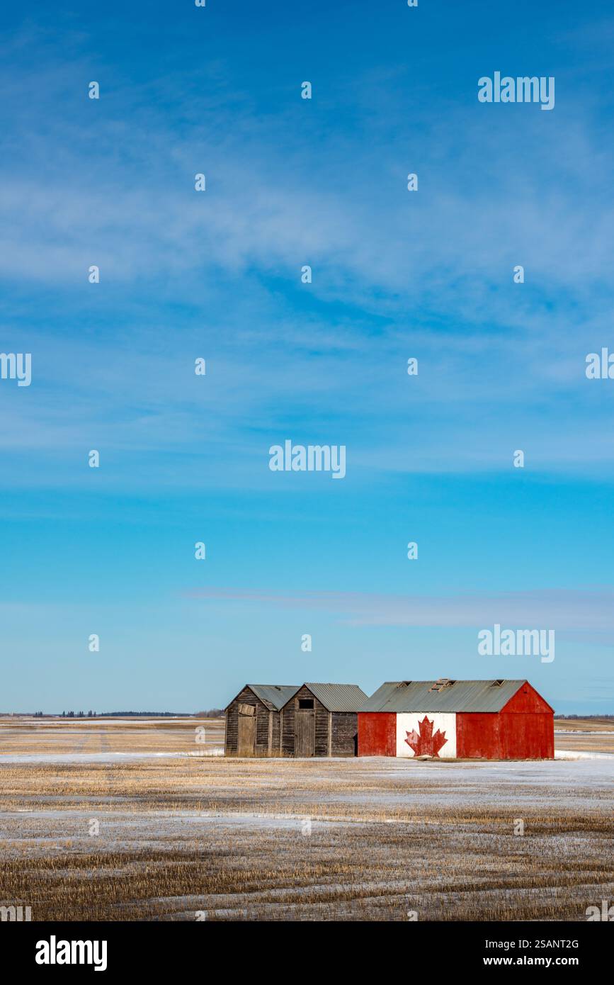 Canadian flag with the iconic red maple leaf painted on an old barn ...