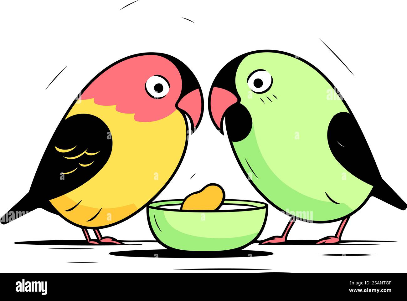 Two cute parrots eating food from a bowl. Vector illustration Stock ...
