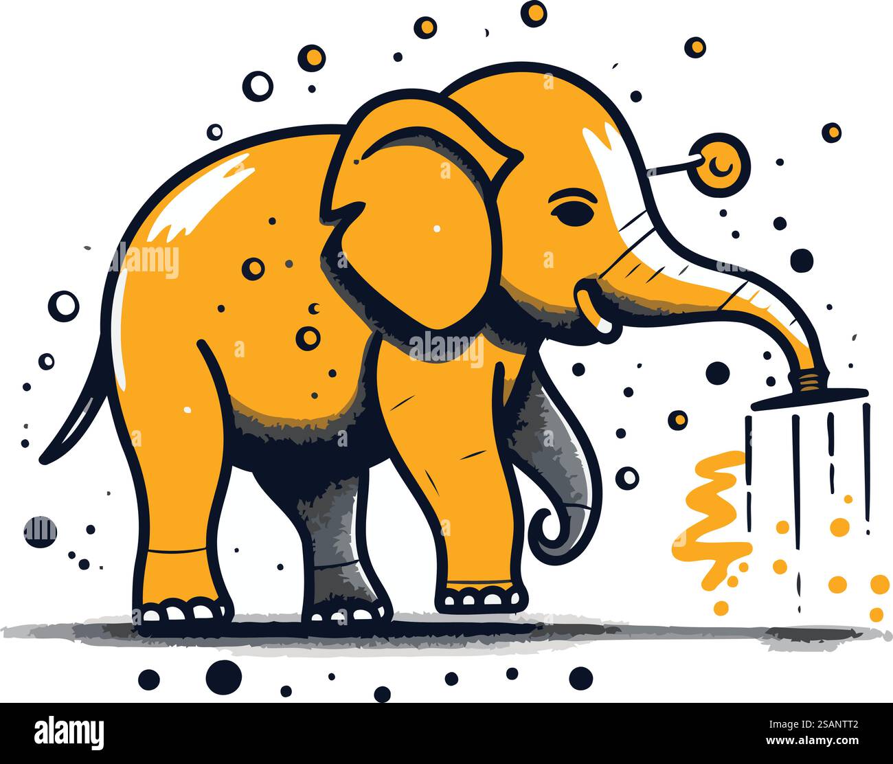 Vector hand drawn cartoon illustration of an elephant drinking from a ...