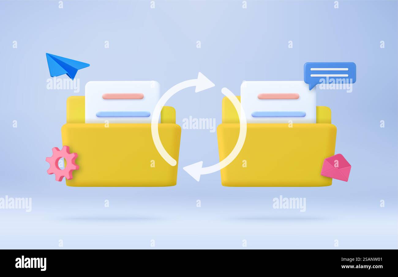 3d Yellow folder with files. File transfer concept. Yellow folder with document. 3d rendering ...