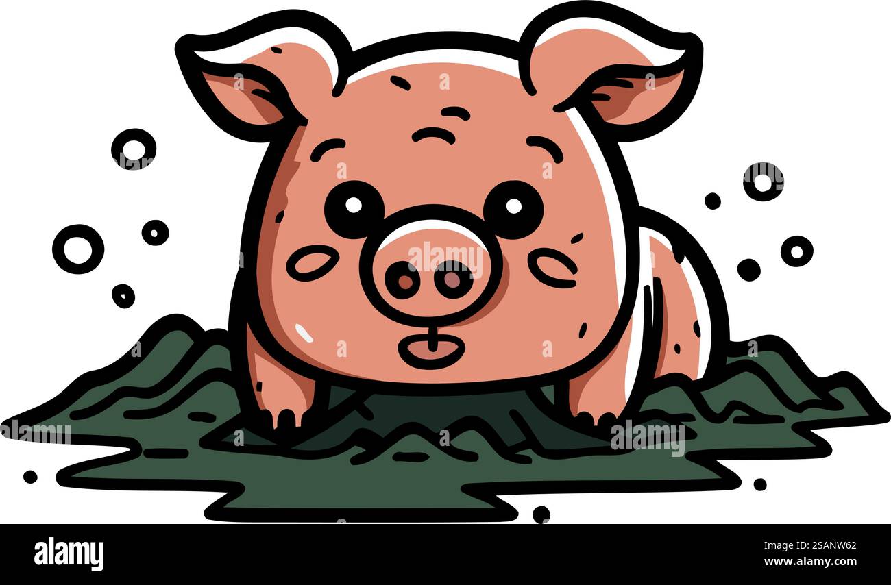 Cute little piggy in the mud. Vector illustration isolated on white ...