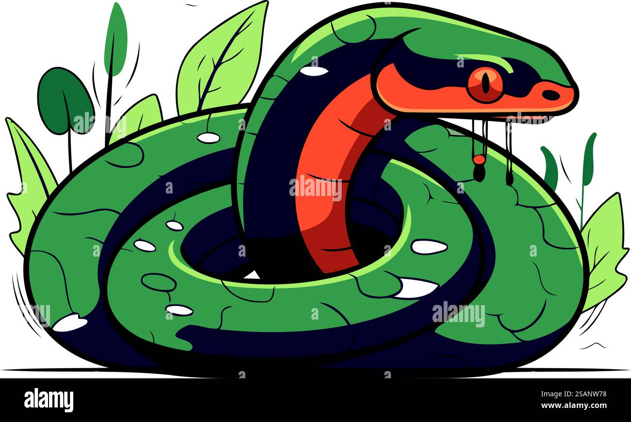 Green snake in the jungle. Vector illustration of a poisonous snake ...