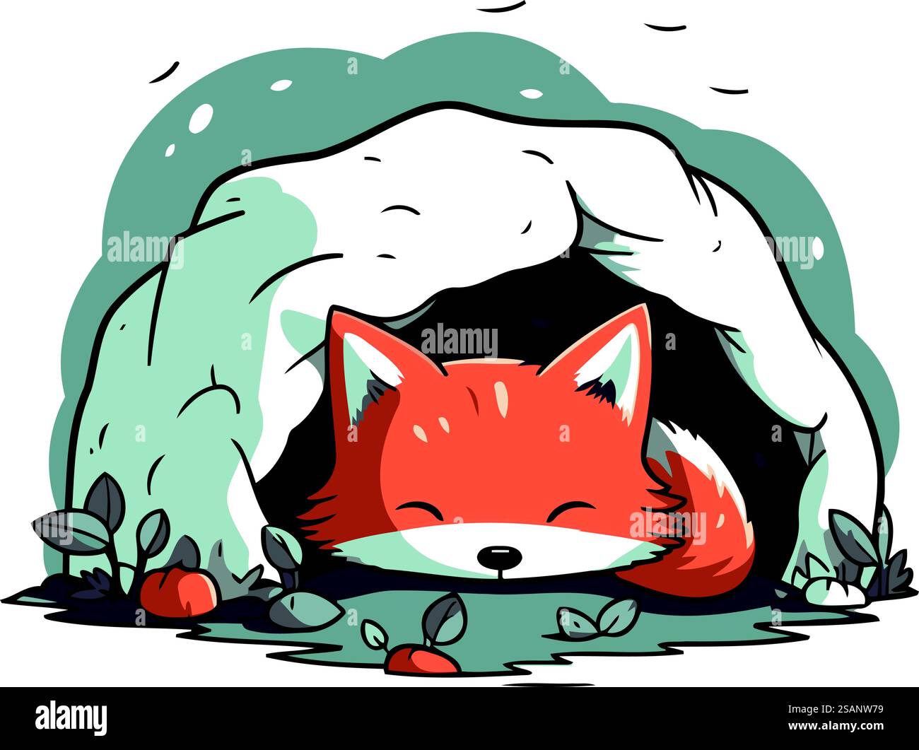 Cute fox sleeping in a cave. Vector illustration in cartoon style Stock ...