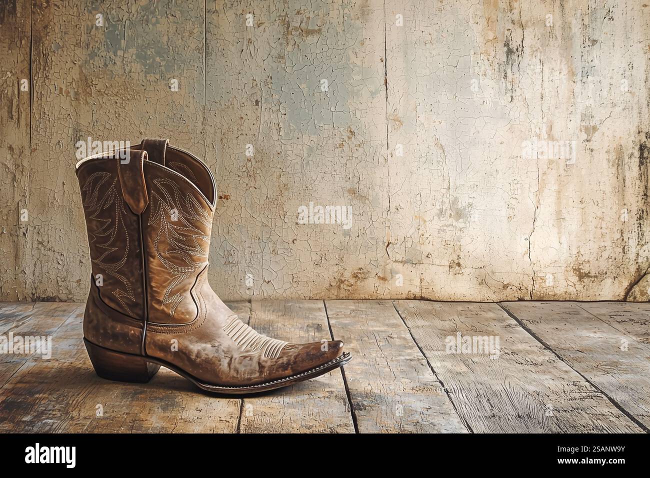 A single worn cowboy boot on a dusty wooden floor, subtle lighting ...