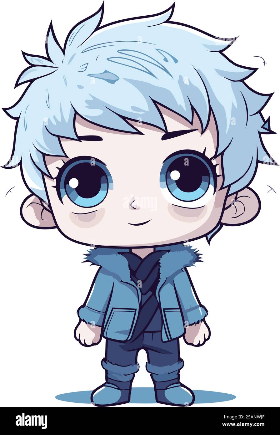 Cute cartoon boy with blue hair and blue eyes. Vector illustration ...
