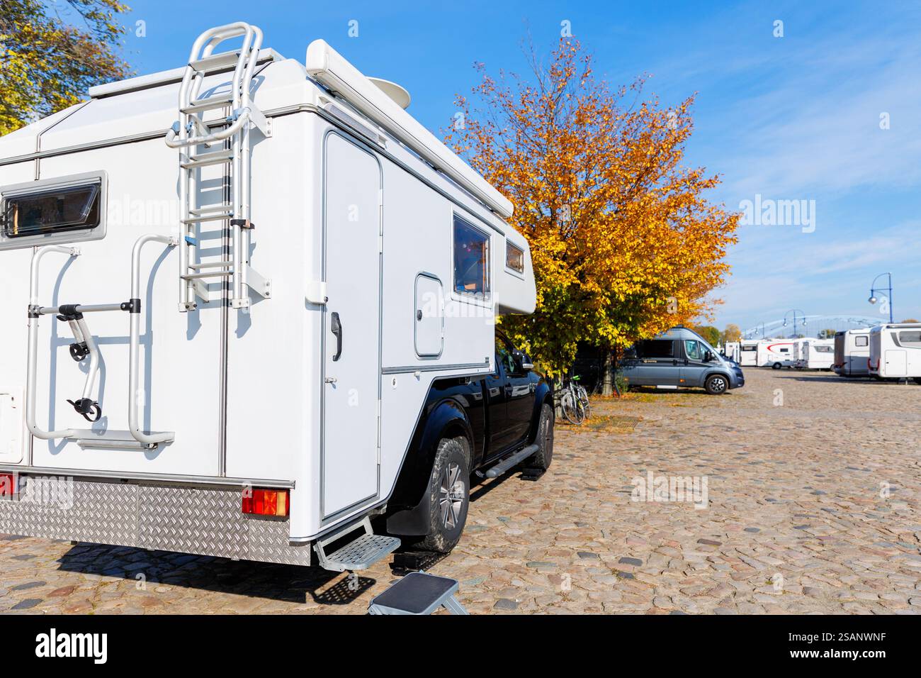 Back view pick-up off-road expedition truck parked many modern ...