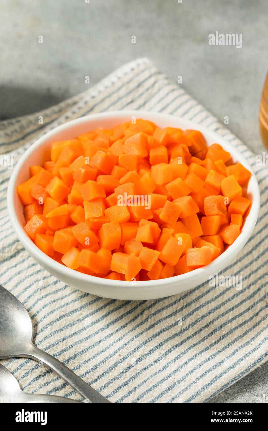 Healthy Organic Steamed Frozen Carrots Ready to Eat in a Bowl Stock ...
