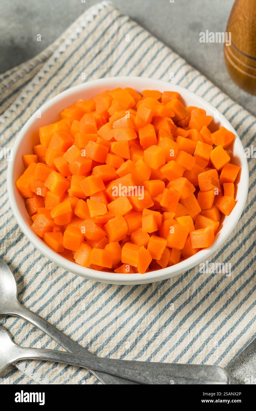 Healthy Organic Steamed Frozen Carrots Ready to Eat in a Bowl Stock ...