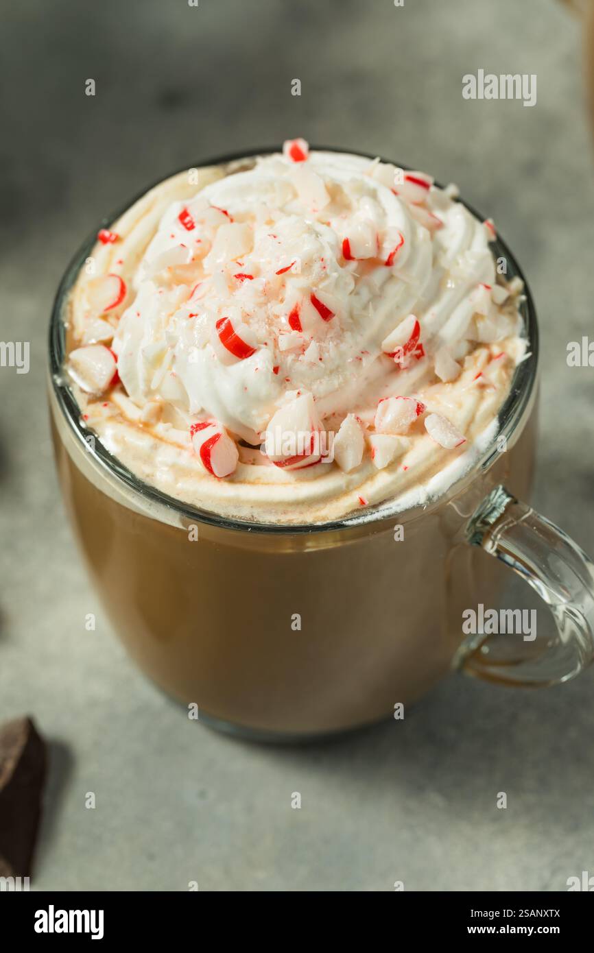 Warm Festive Peppermint Mocha Latte with Whipped Cream and Candy Canes ...
