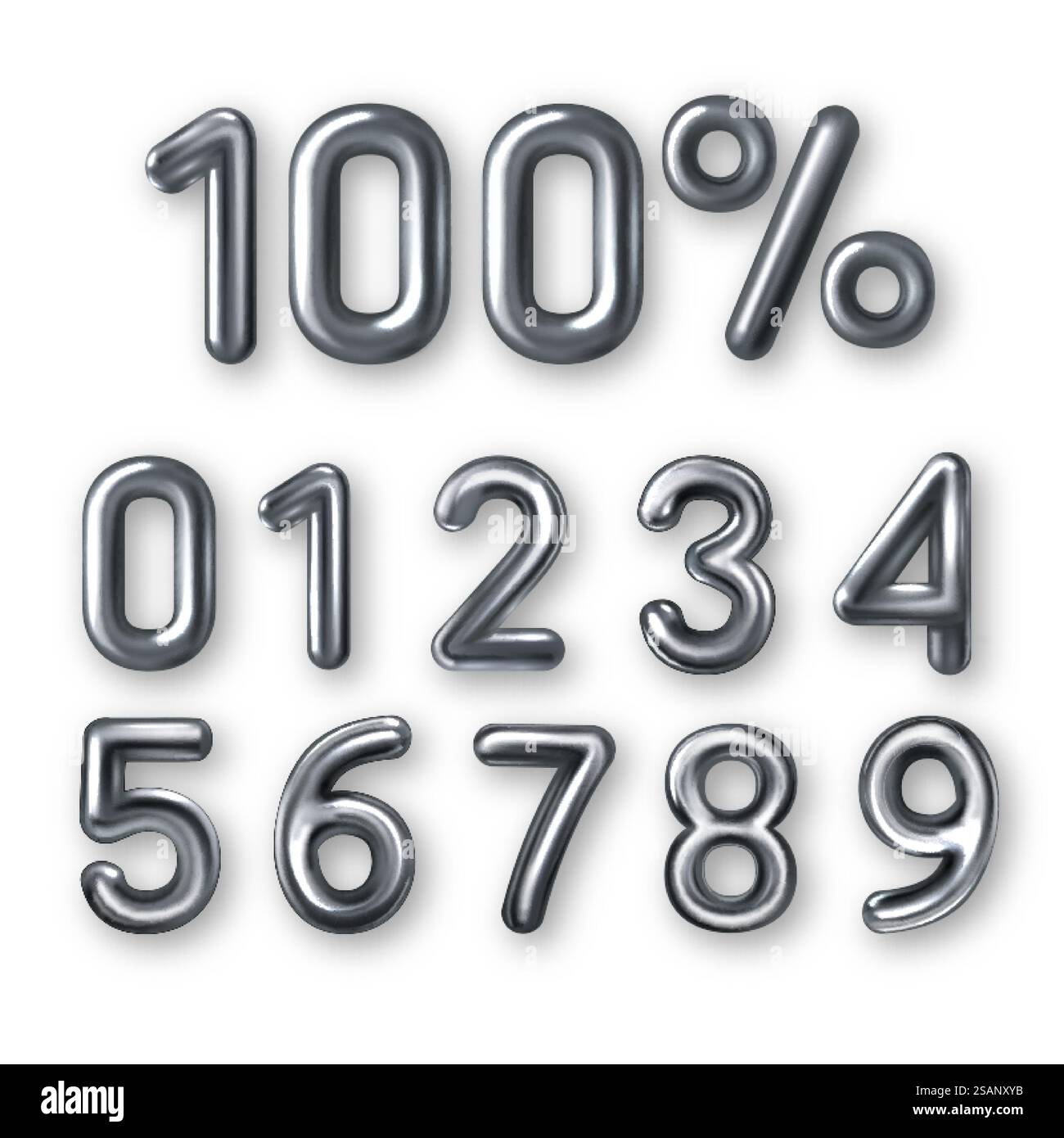 Set of 3d silver embossed numbers with percent sign on white background ...