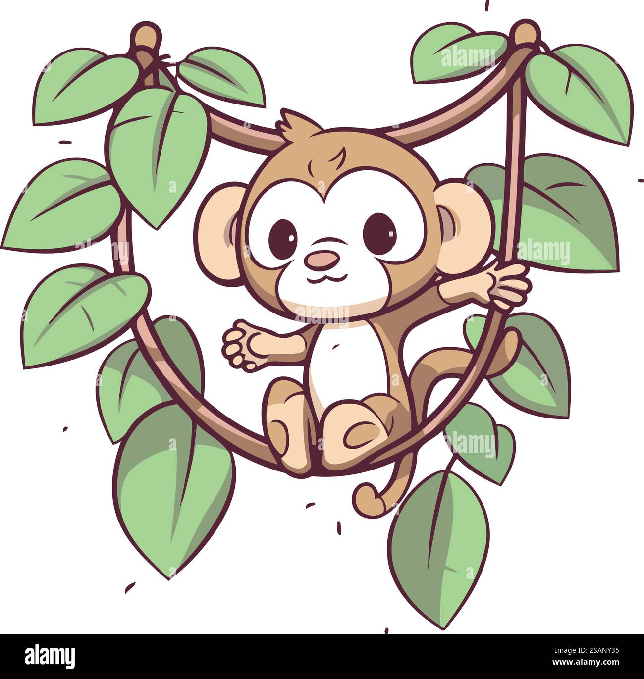 Cute monkey sitting on a branch with leaves. Vector illustration Stock ...