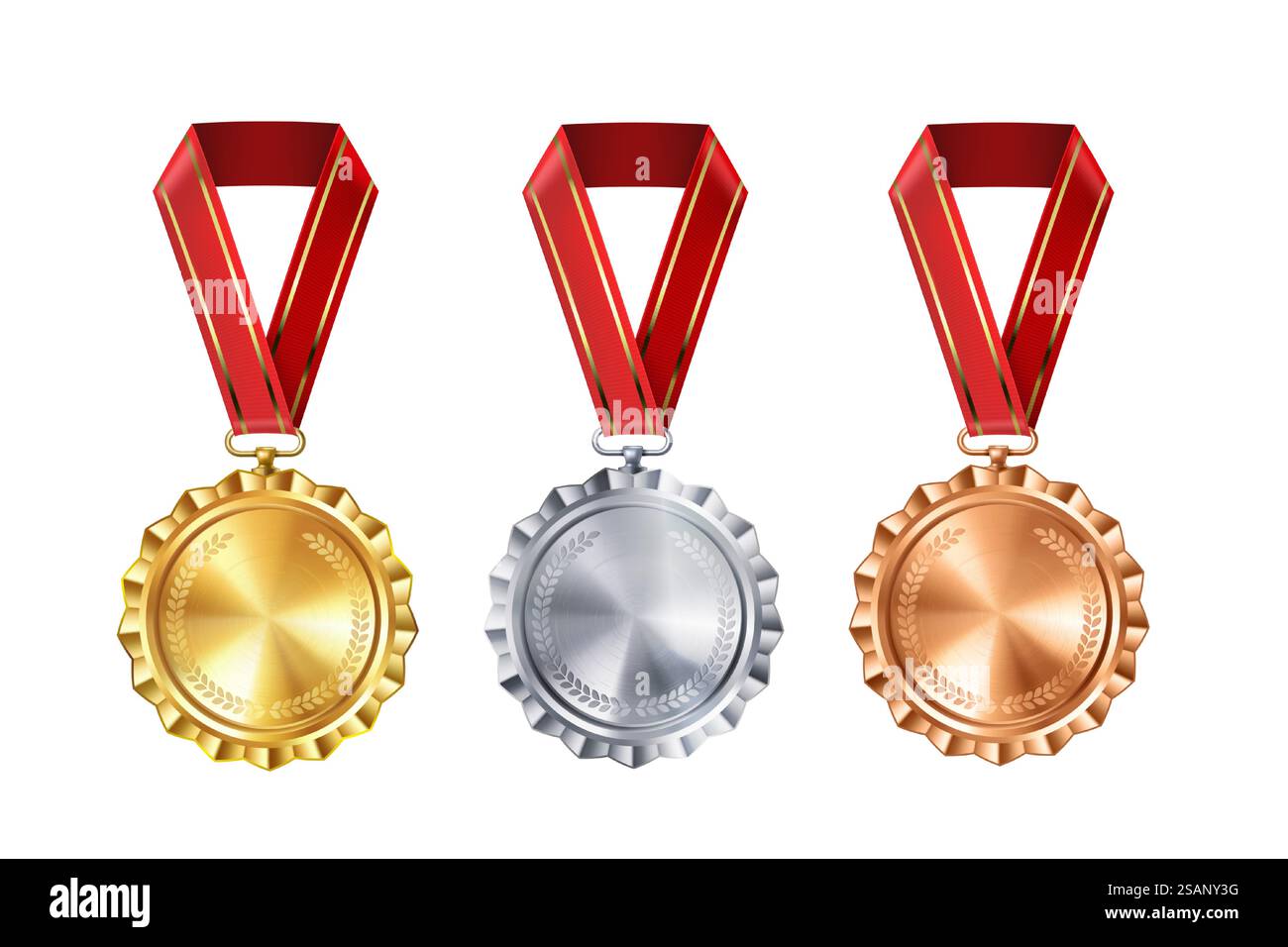 Set of realistic gold, silver, and bronze empty medals on red ribbons ...