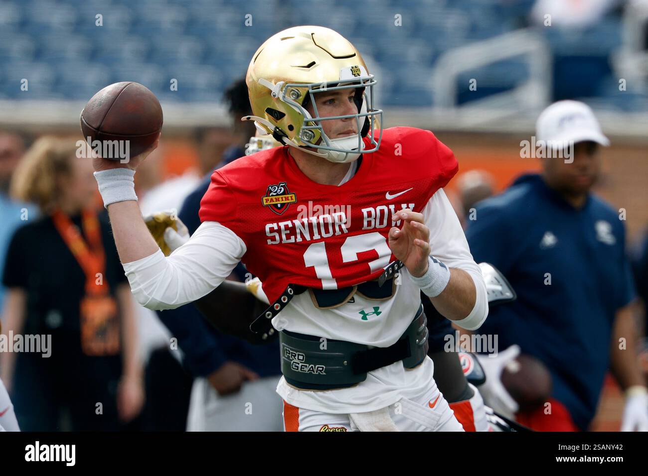 American team quarterback Riley Leonard of Notre Dame throws a pass ...