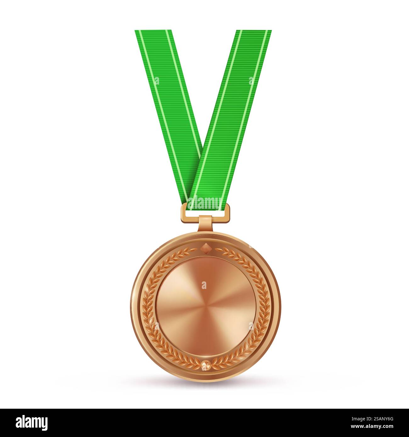 Realistic bronze empty medal on green ribbon. Sports competition awards ...