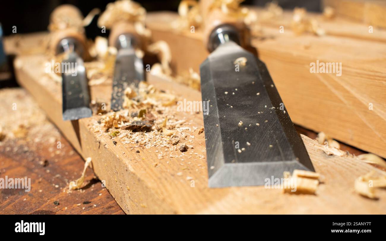 chisel close up.Chisel for woodworking on a workbench. wood chisel ...