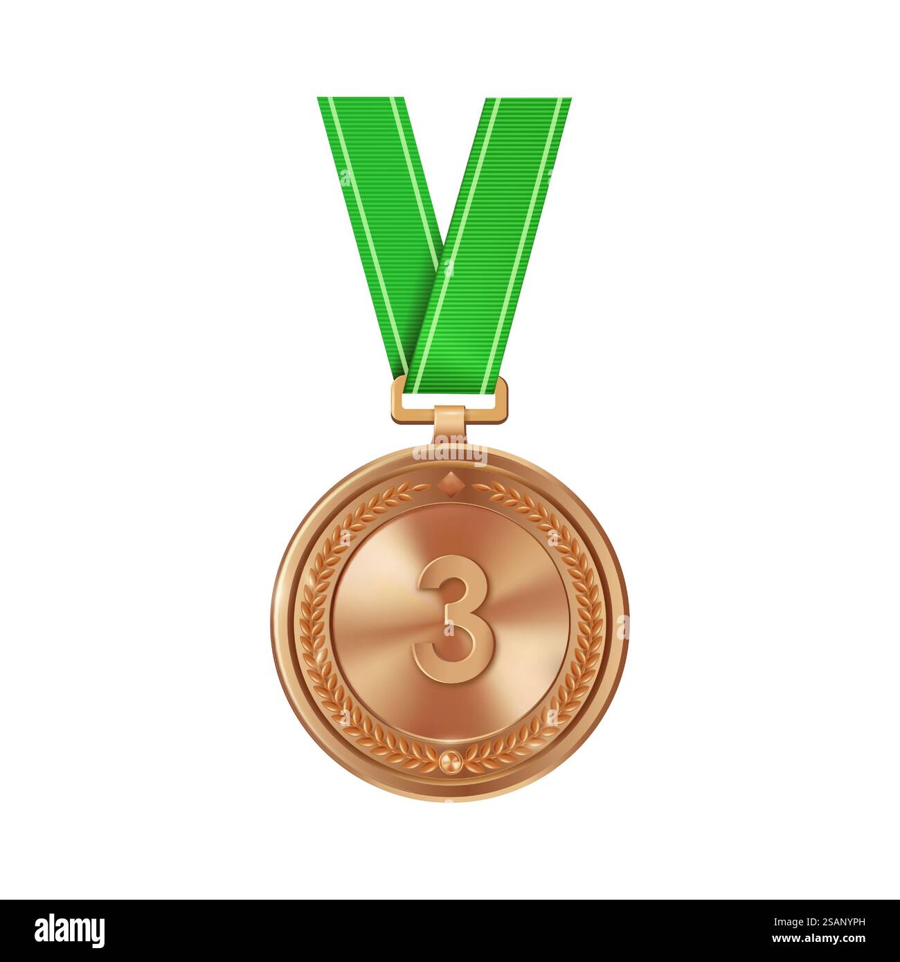 Realistic bronze medal on green ribbon with engraved number three ...