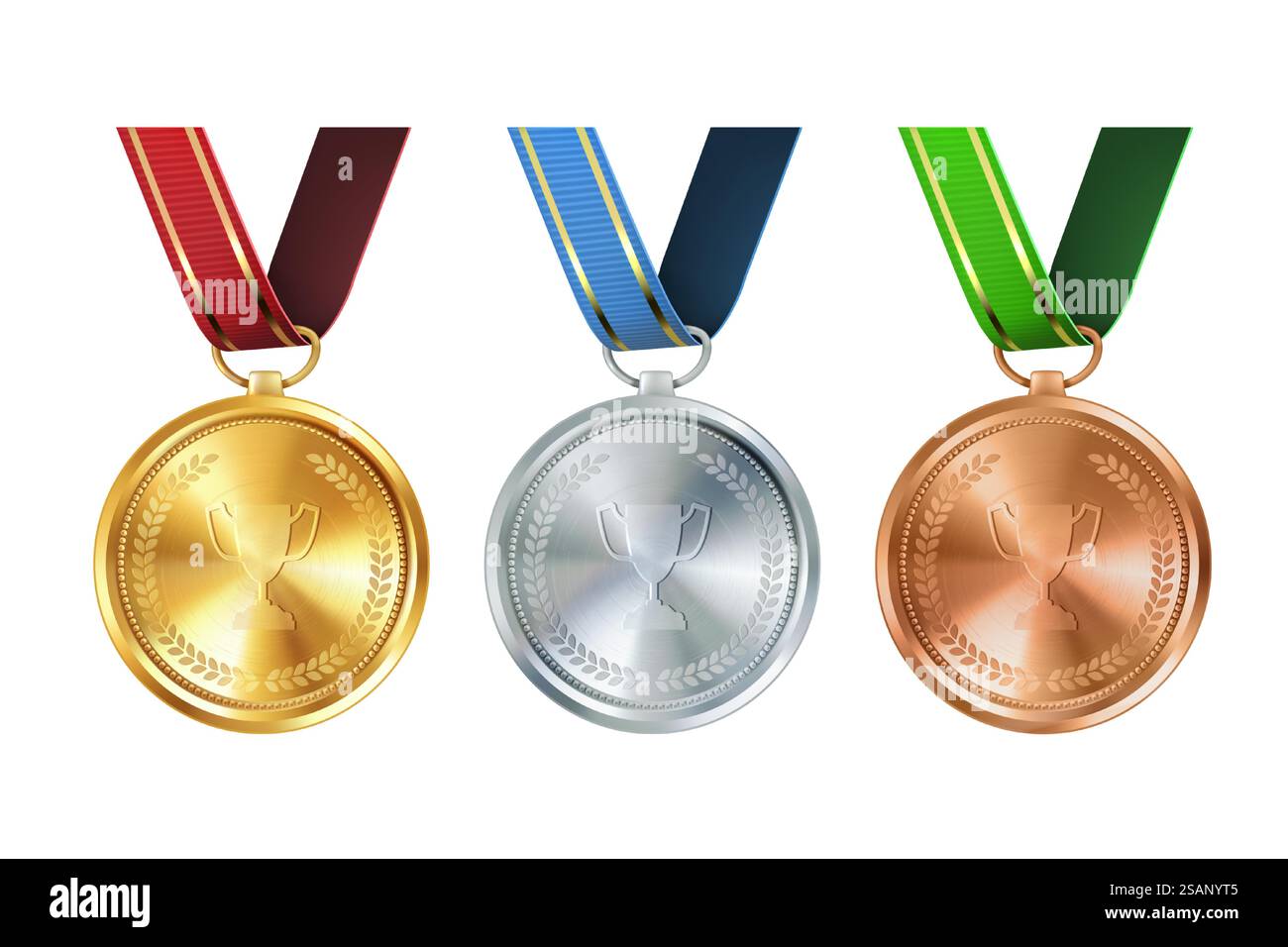 Realistic set of golden, silver, and bronze medals on colorful ribbons ...