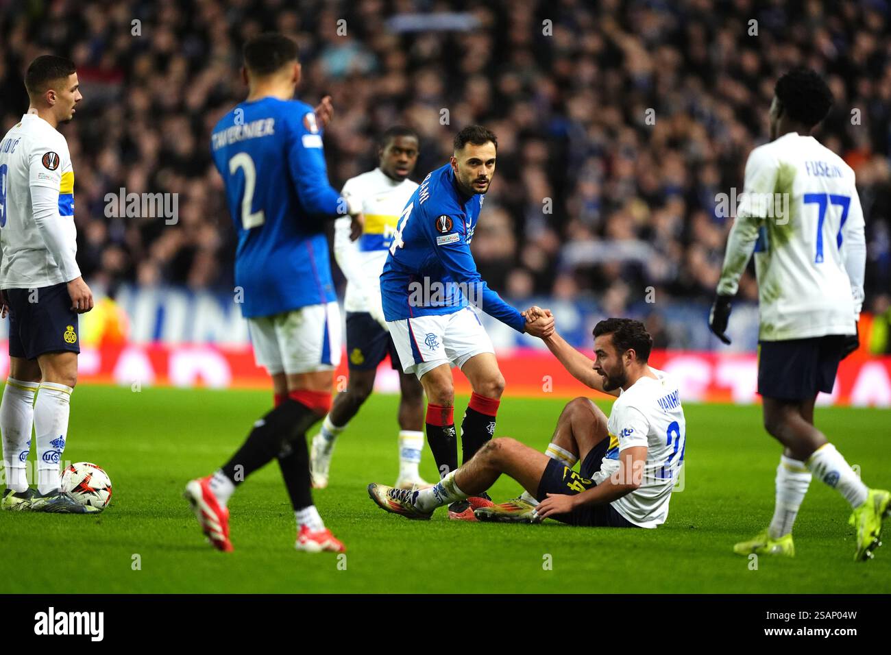 Rangers' Nedim Bajrami pulls up Union SG's Charles Vanhoutte following ...