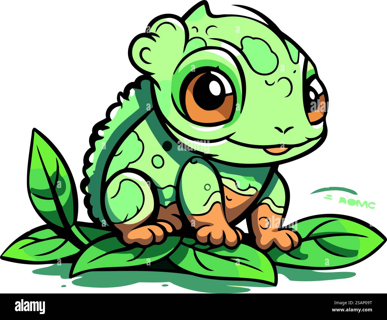 Cute cartoon frog sitting on the green leaves. Vector illustration ...