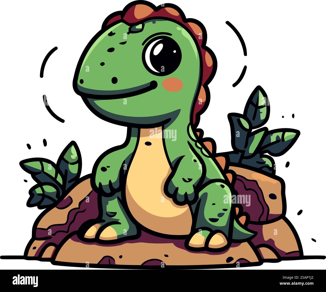 Cute dinosaur sitting on rock. Vector cartoon illustration. Isolated on ...
