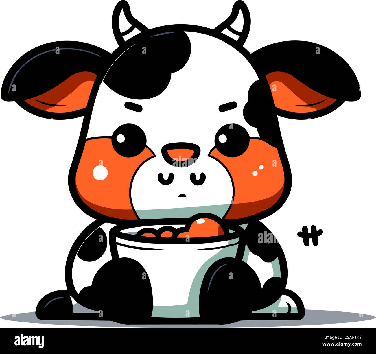 Cute cartoon cow eating a bowl of milk. Vector illustration Stock ...