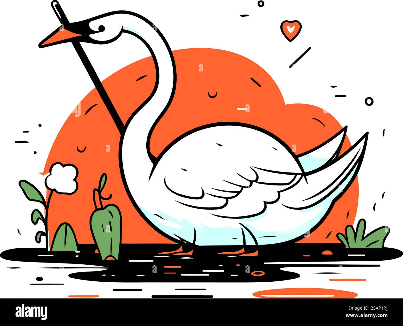 Swan in the park. Hand drawn vector illustration in cartoon style Stock ...