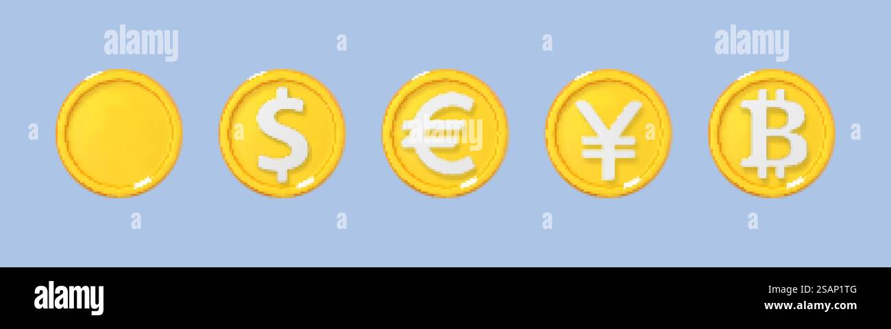 3D cartoon coin icons set. Coins with signs different currencies. Vector 3d illustration Stock ...