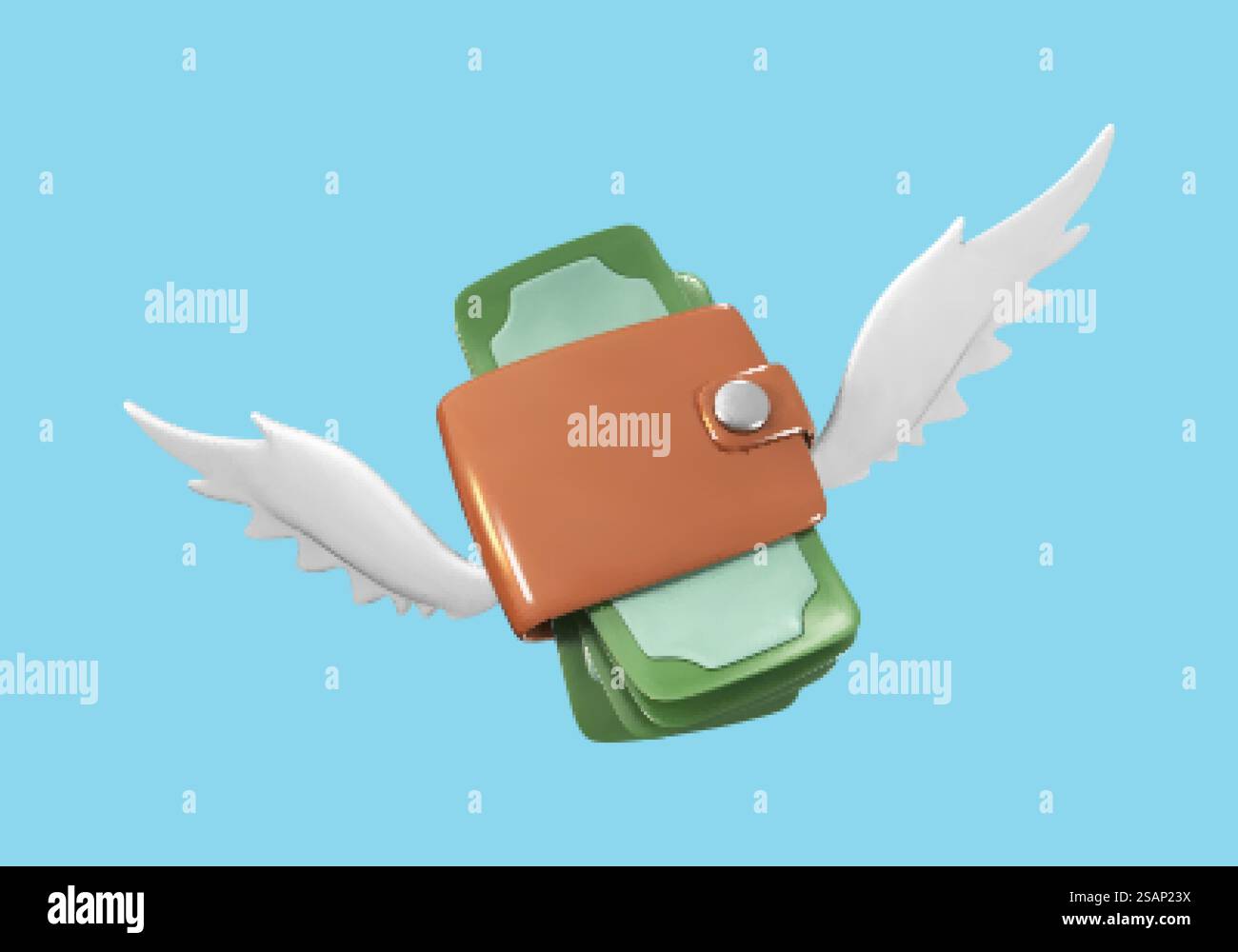 Flying wallet with wings and dollar banknotes isolated on blue ...