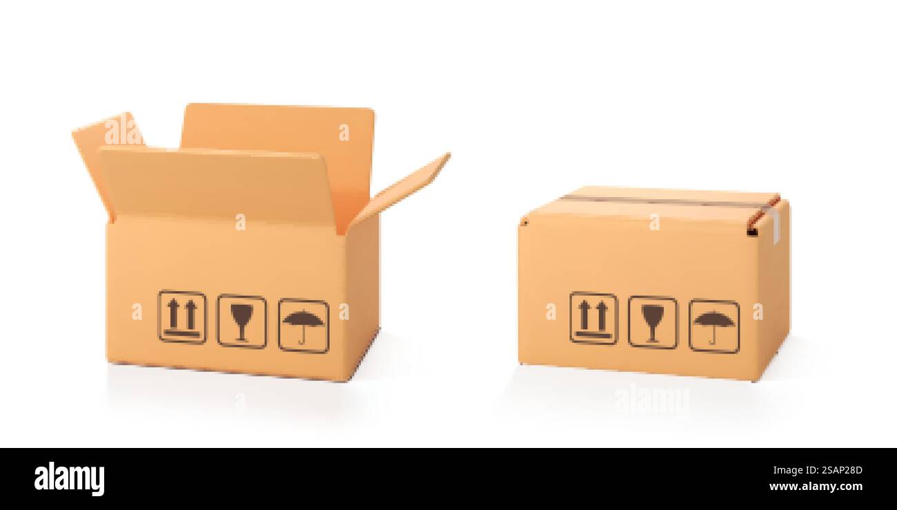3D cardboard open and closed box isolated on white background. Delivery ...