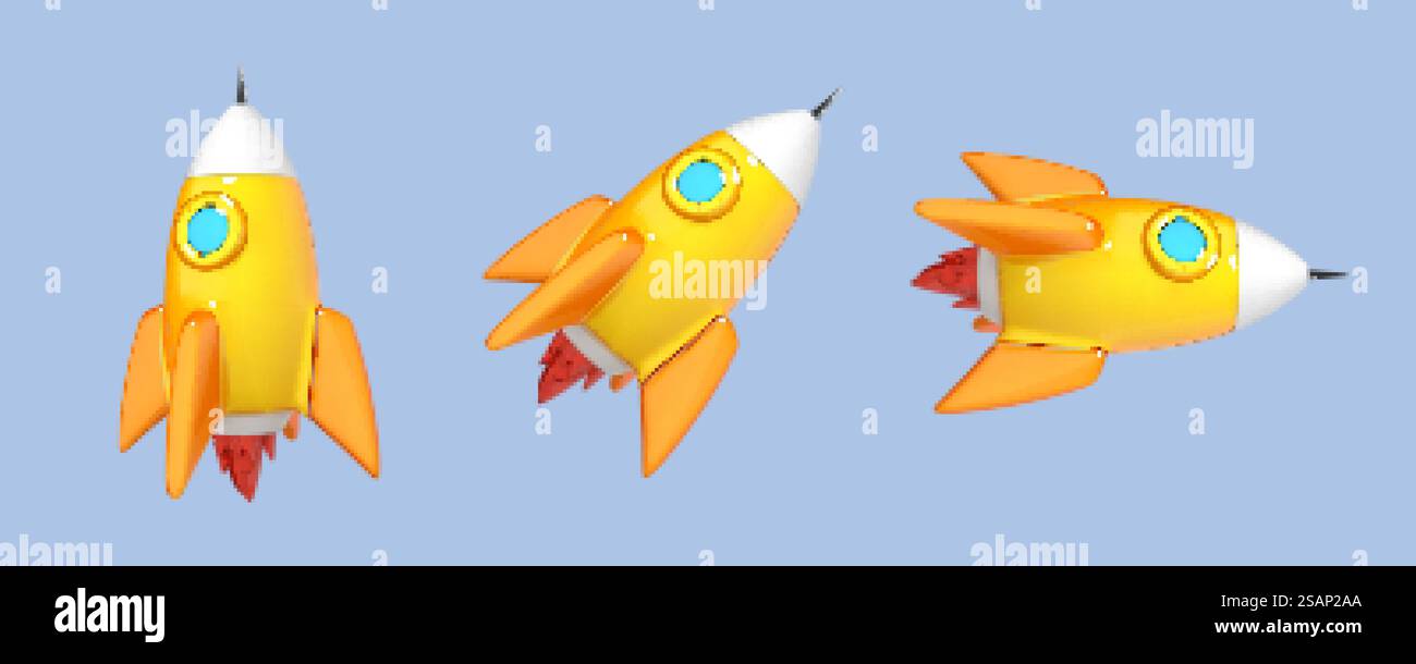 Cartoon Rocket Logo Rocket Launch And Fire Flame, Spaceship Startup