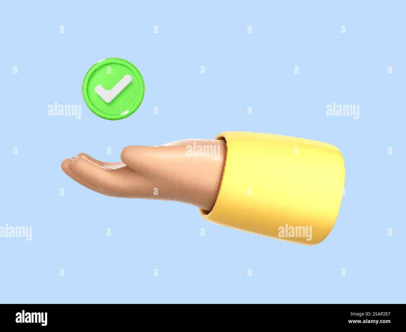 3D cartoon hand holding green check mark icon. Hand holds a done sign. Success concept on blue ...
