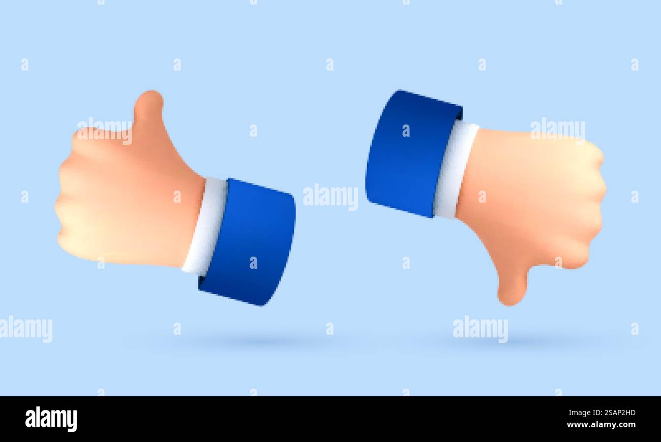 3D cartoon hand with thumb up and down gesture. Vote or rating signs ...