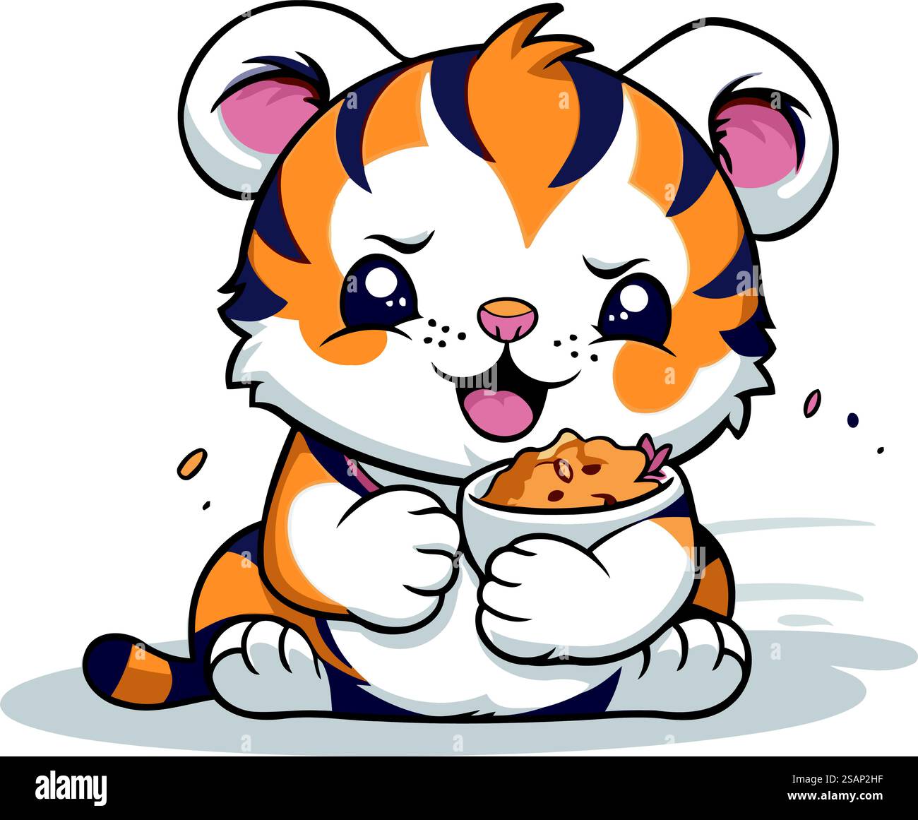 Cute little tiger with a bowl of food. Vector illustration Stock Vector ...