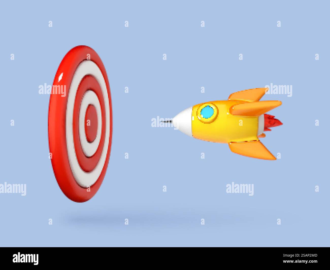 3D cartoon rocket flies to the center of the target on blue background ...